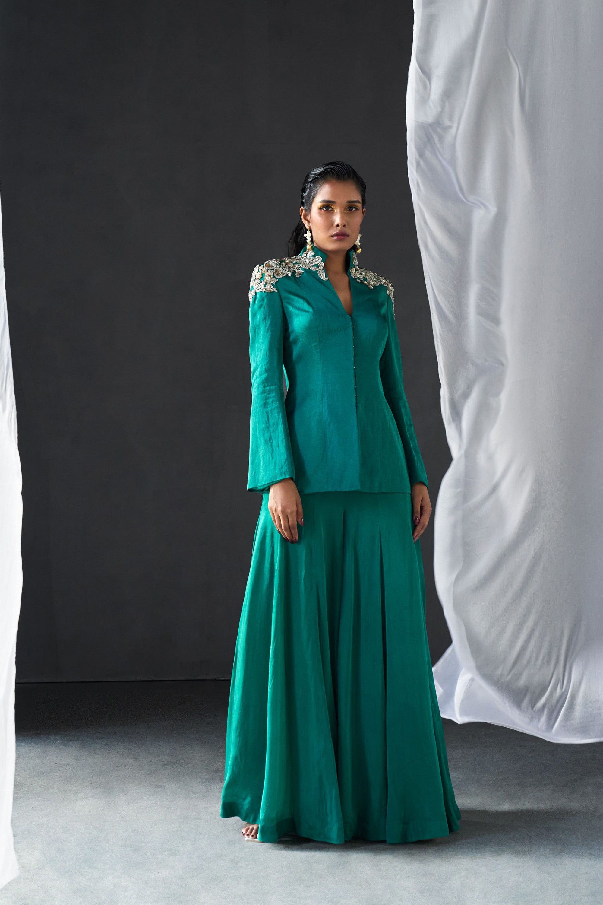 Teal Green Jacket & Garara Set – Bhumika Sharma