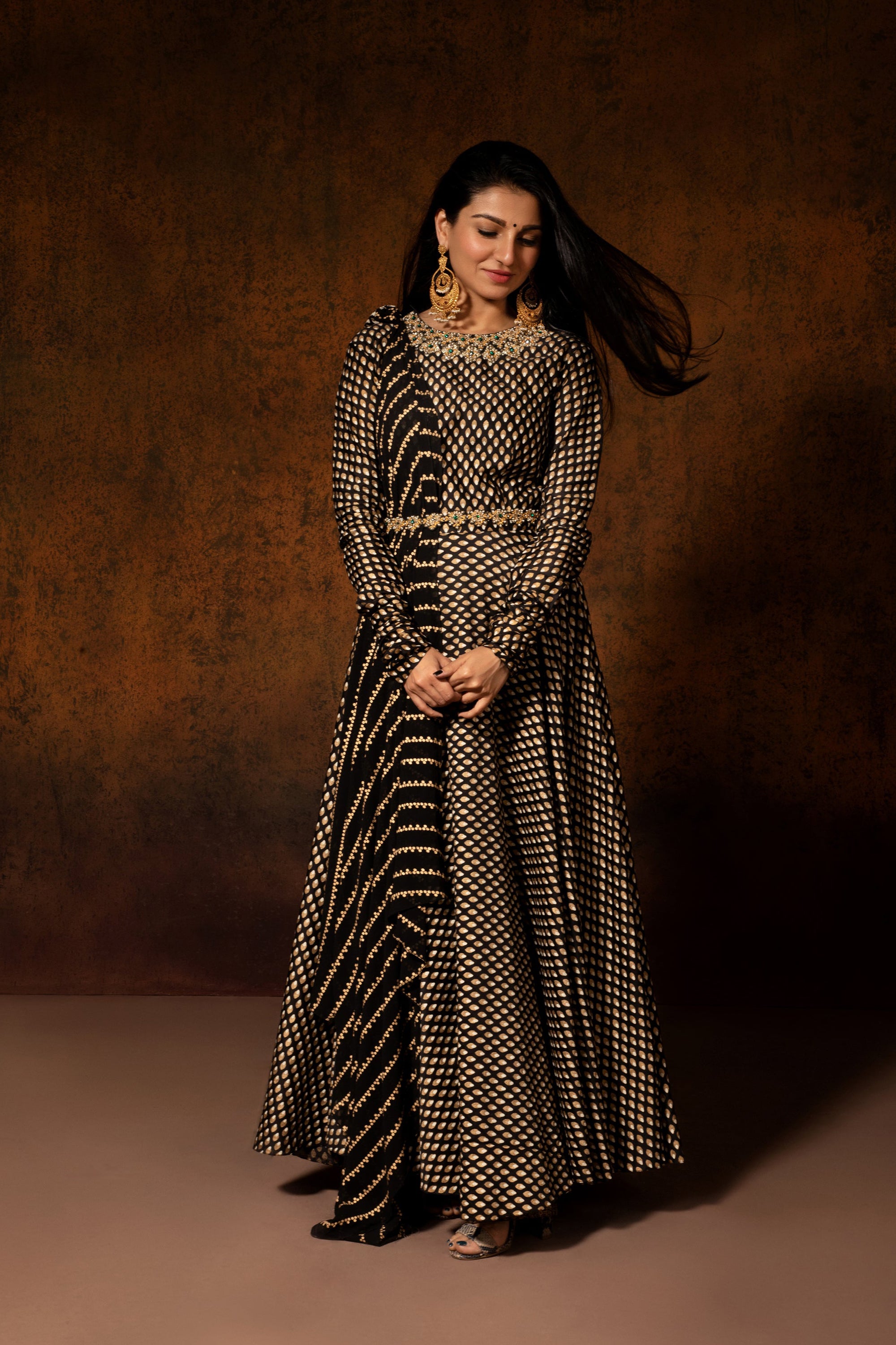 Black Bindu Print Chanderi Anarkali – Bhumika Sharma