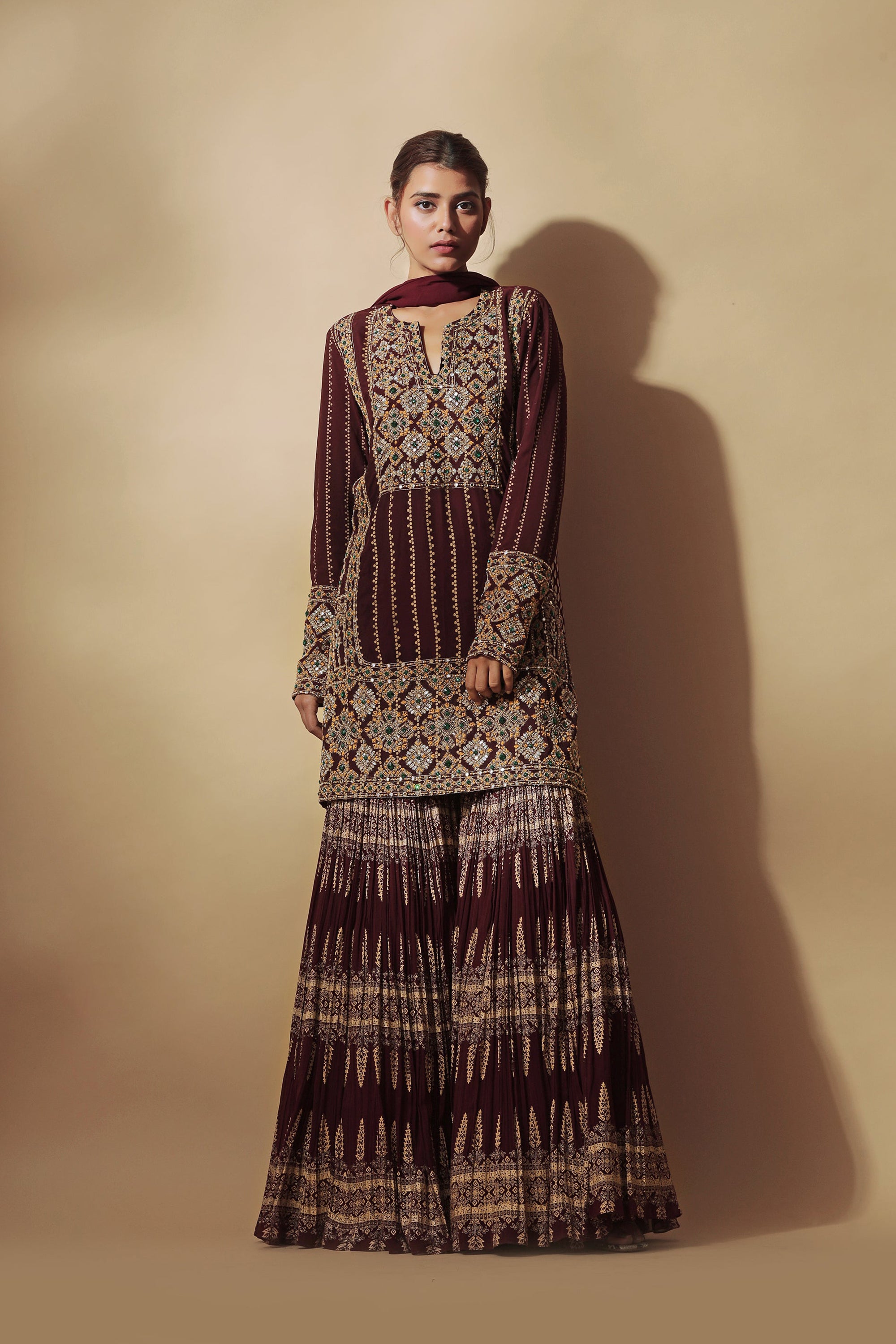 Burgundy Kurta & Persian Print Sharara Set – Bhumika Sharma
