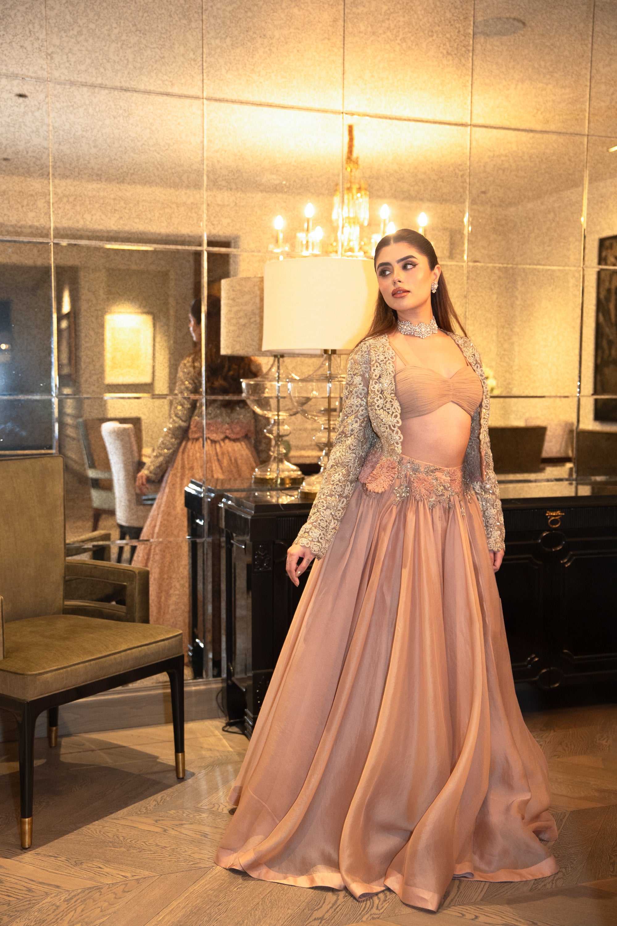 Muskan Channa in our Sandy Nude Lisa Jacket & Skirt Set – Bhumika Sharma