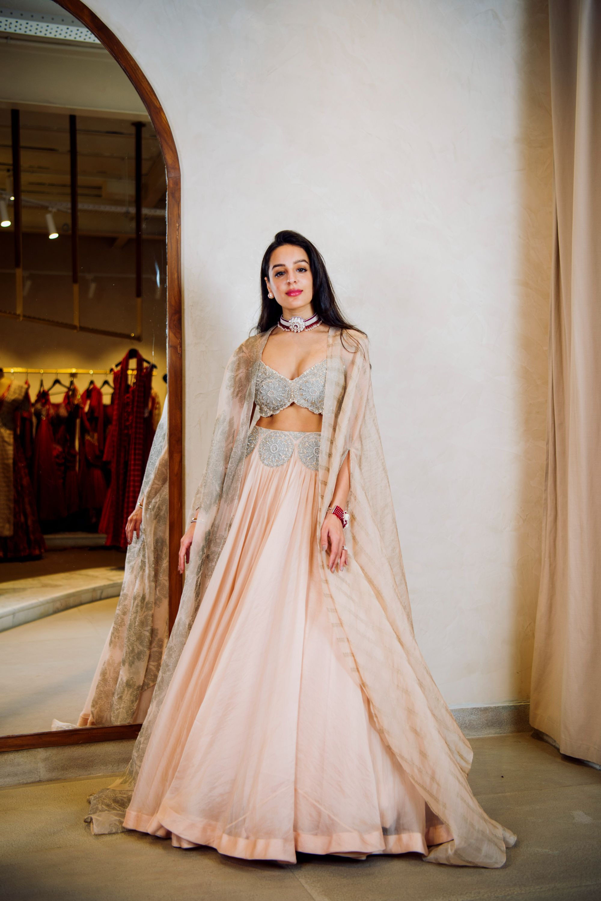 Tarini Manchanda in our Champagne Tara Nurekha Cape Set – Bhumika Sharma