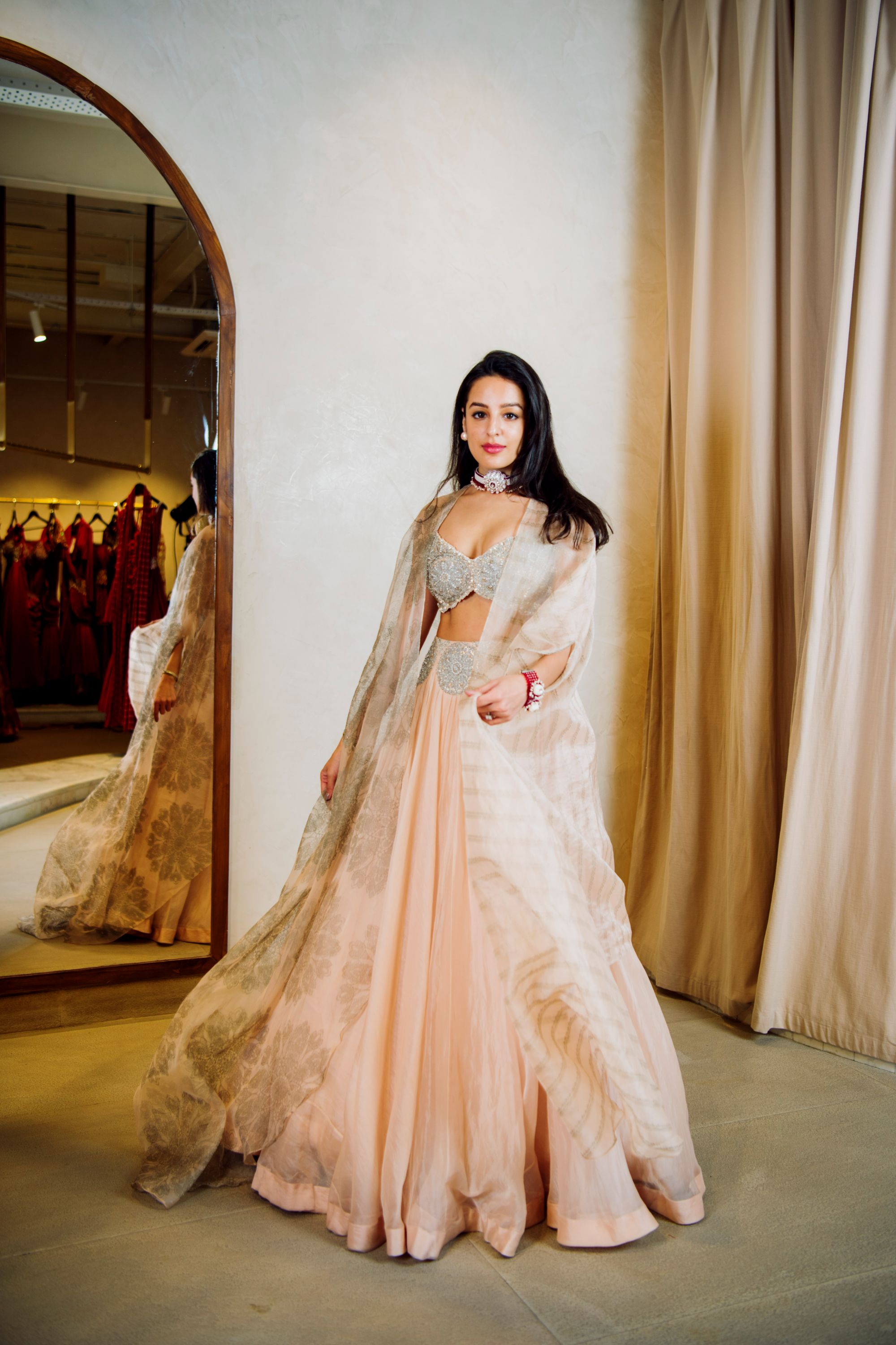 Tarini Manchanda in our Champagne Tara Nurekha Cape Set – Bhumika Sharma