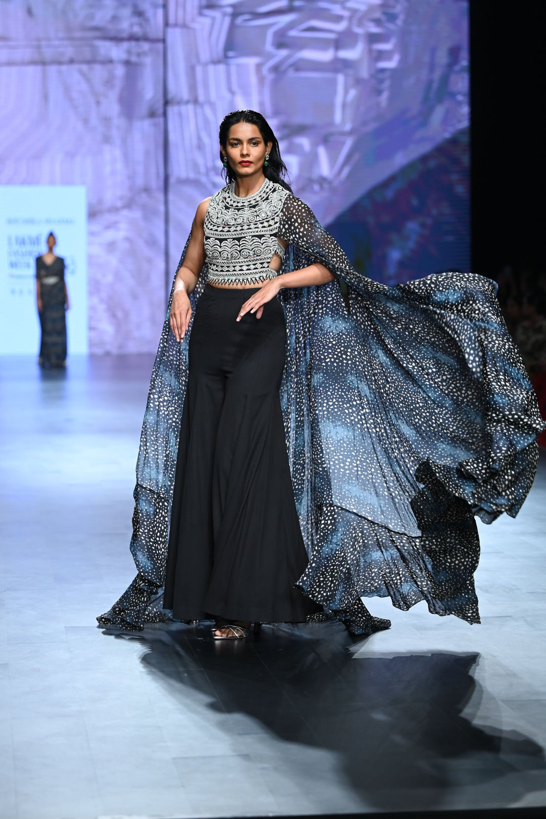 Geometric Blouse with Flared Pant & Rosette Drape – Bhumika Sharma