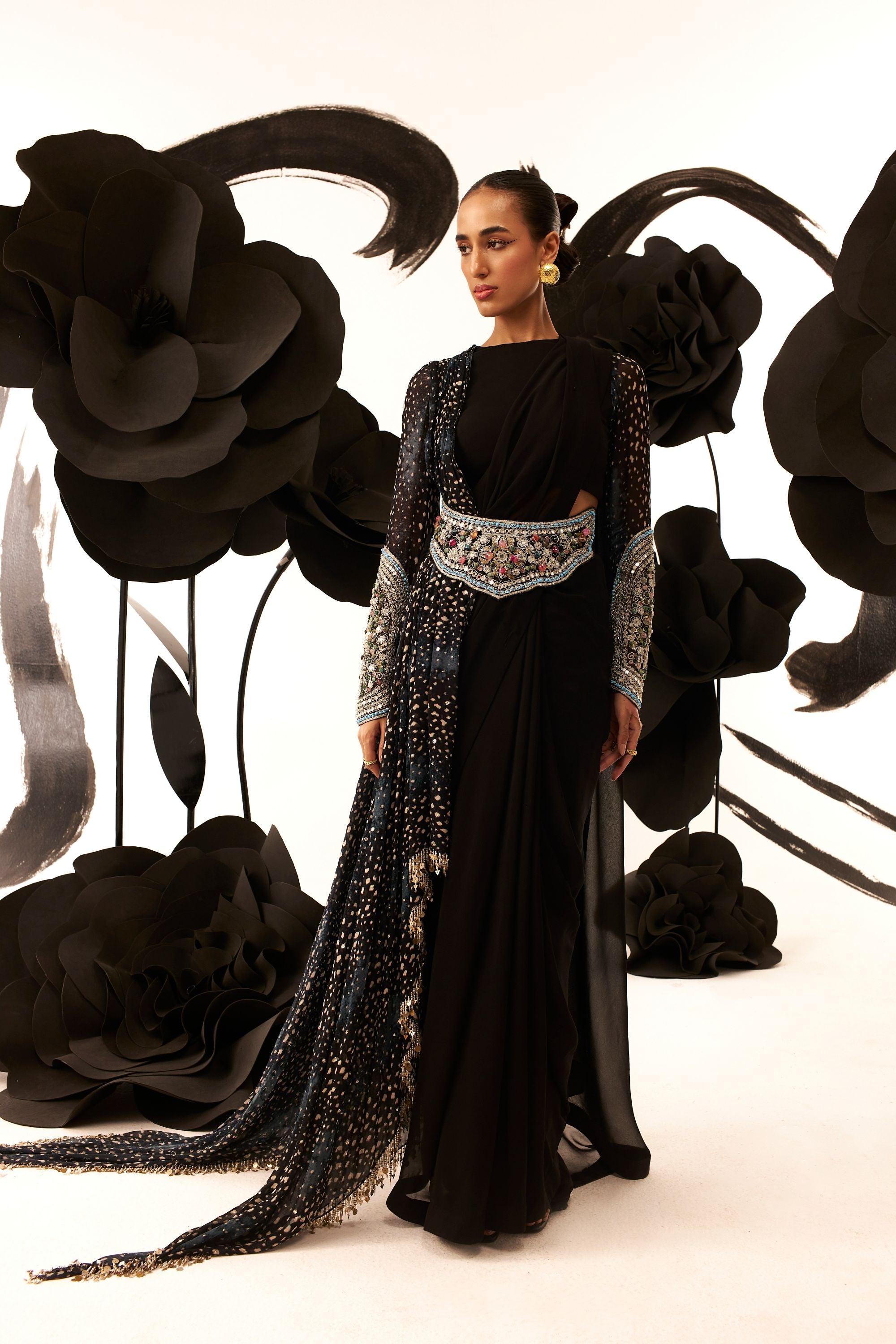 Black Belted Saree with Rosette Drape – Bhumika Sharma