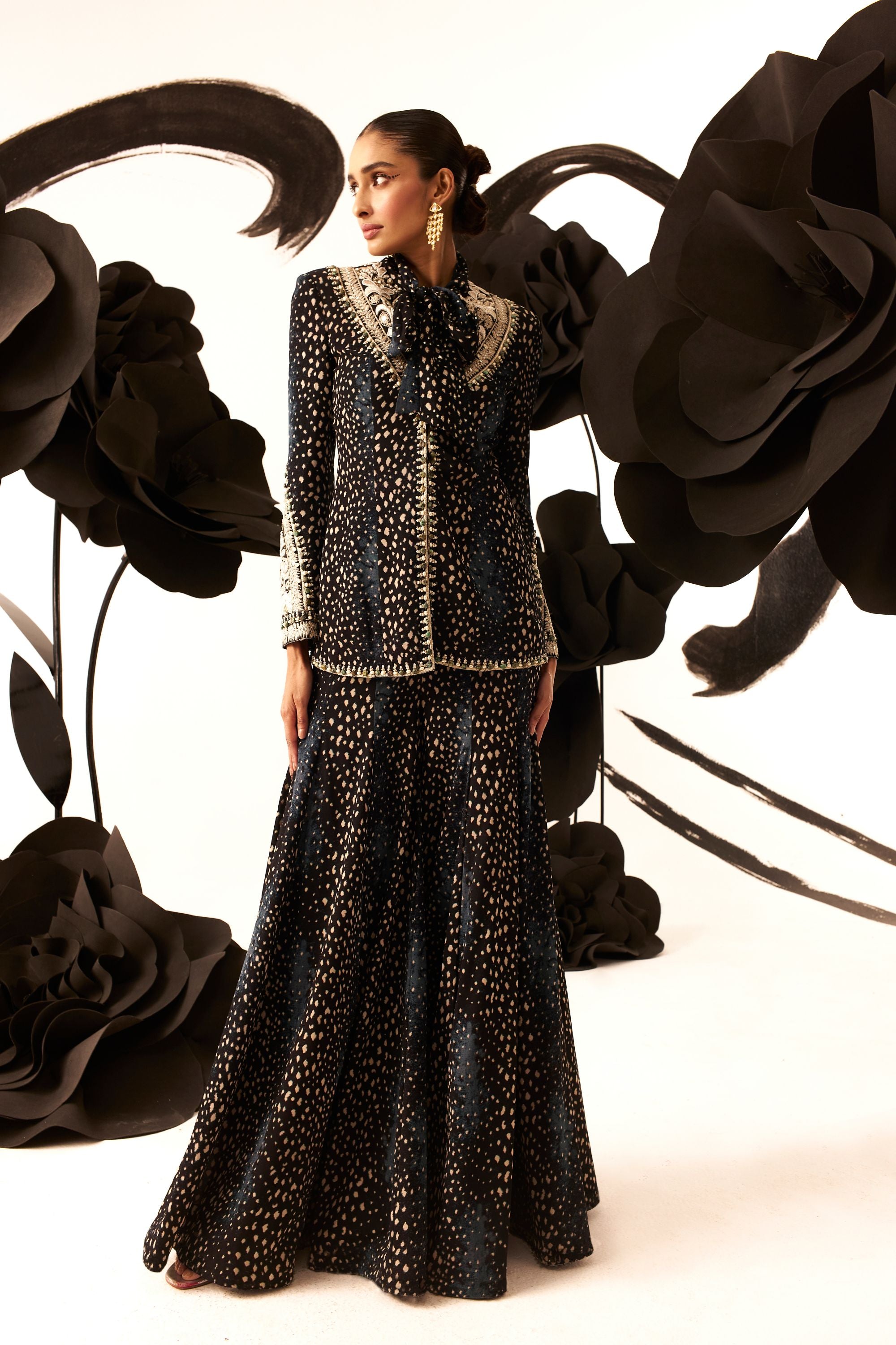Rosette Embroidered Bow Jacket & Sharara Set – Bhumika Sharma