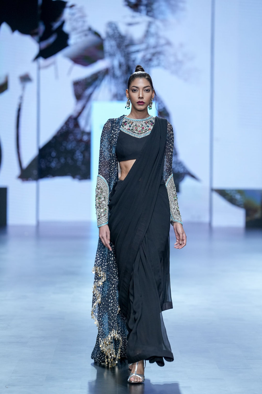 Black Saree with Rosette Drape – Bhumika Sharma
