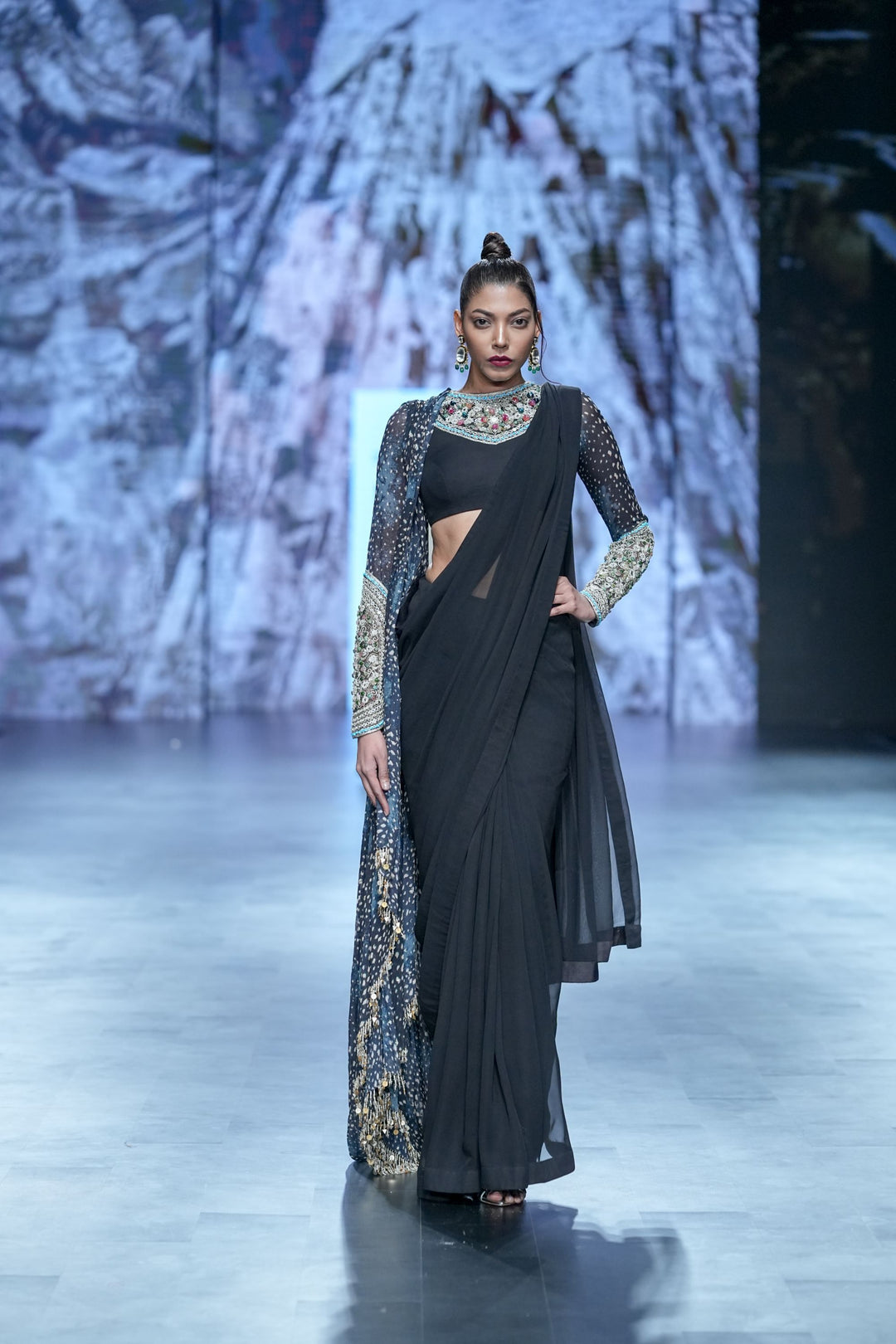 Black Saree with Rosette Drape – Bhumika Sharma