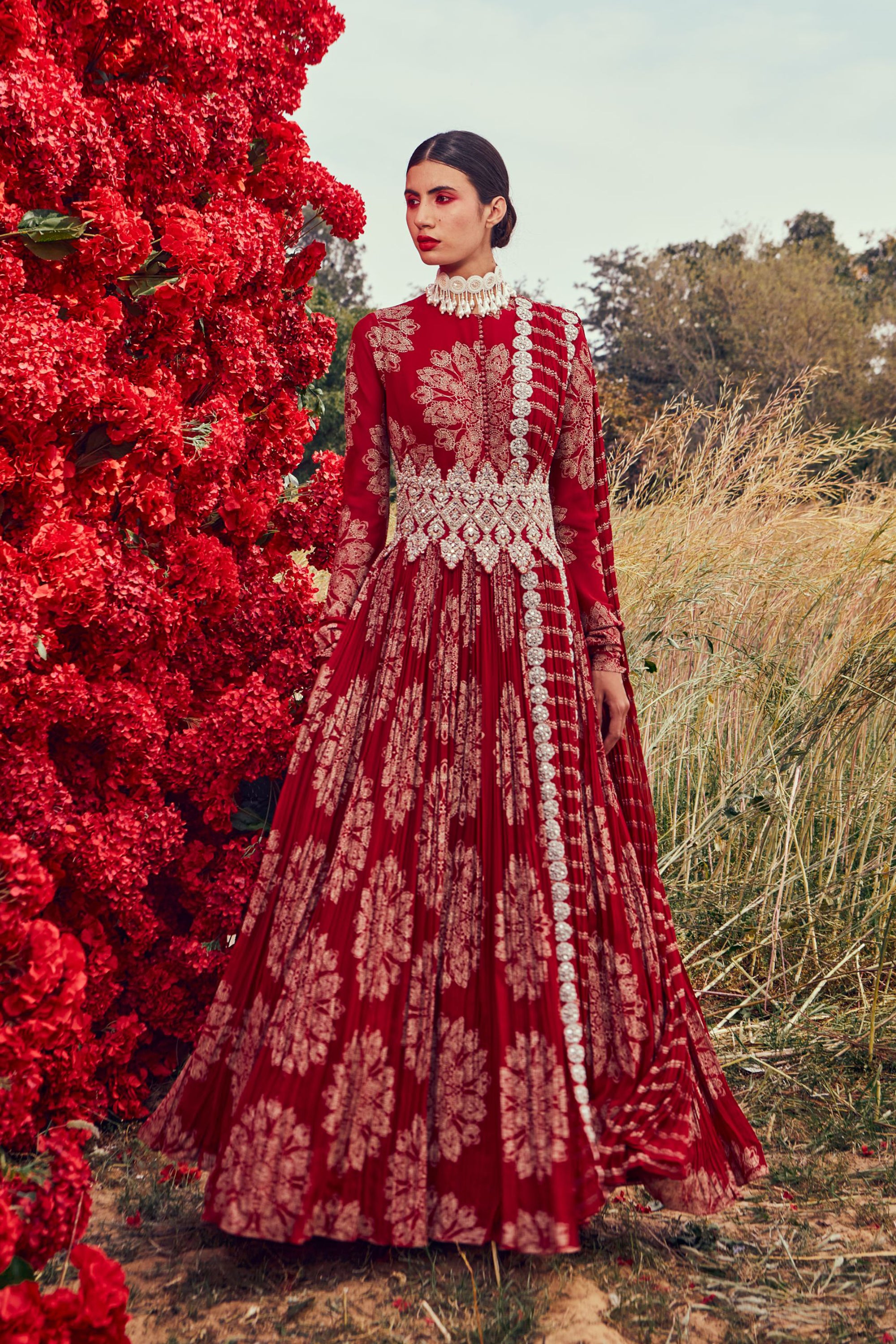 Red Tara Print Belted Anarkali – Bhumika Sharma