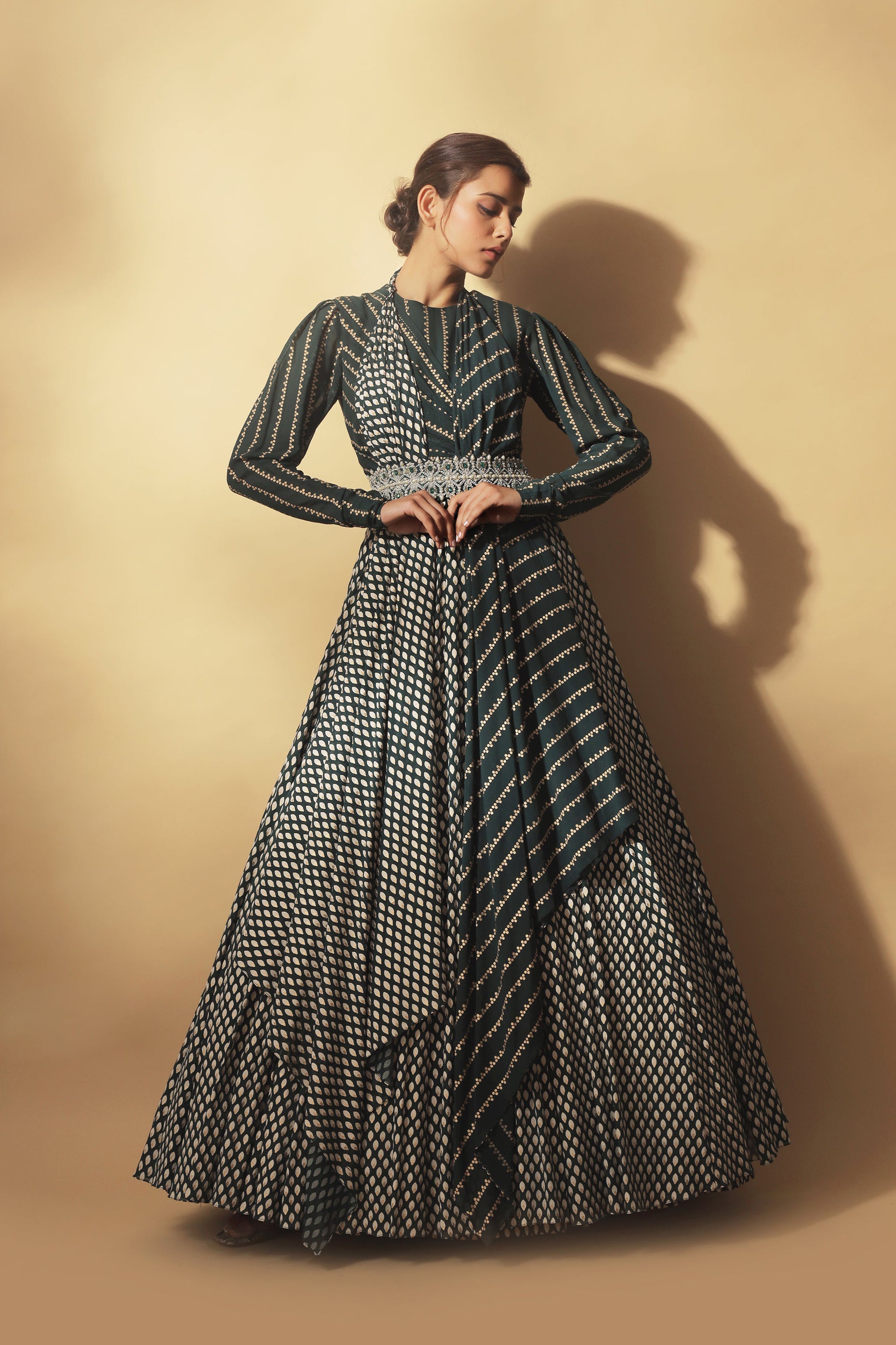 Teal Green Nukta-Bindu Print Draped Anarkali – Bhumika Sharma