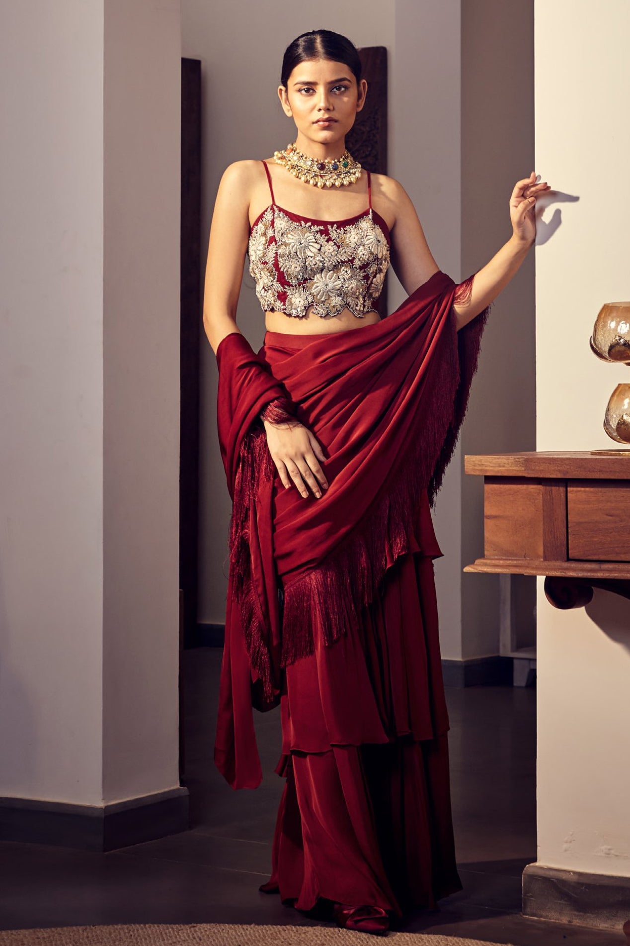 Burgundy Three Layered Fringe Saree – Bhumika Sharma