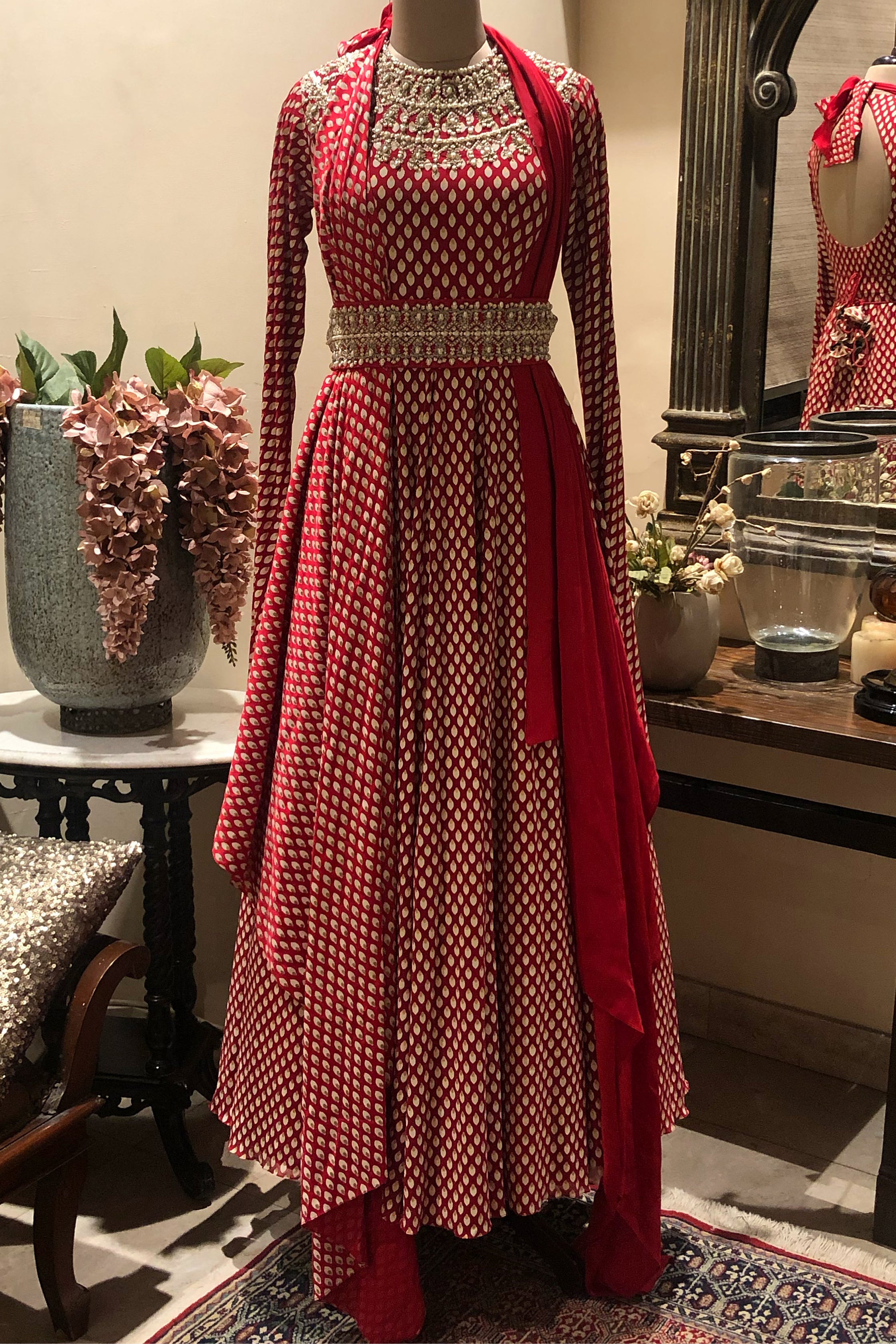 Red Bindu Anarkali with Draped Dupatta & Pearl Work Belt – Bhumika Sharma